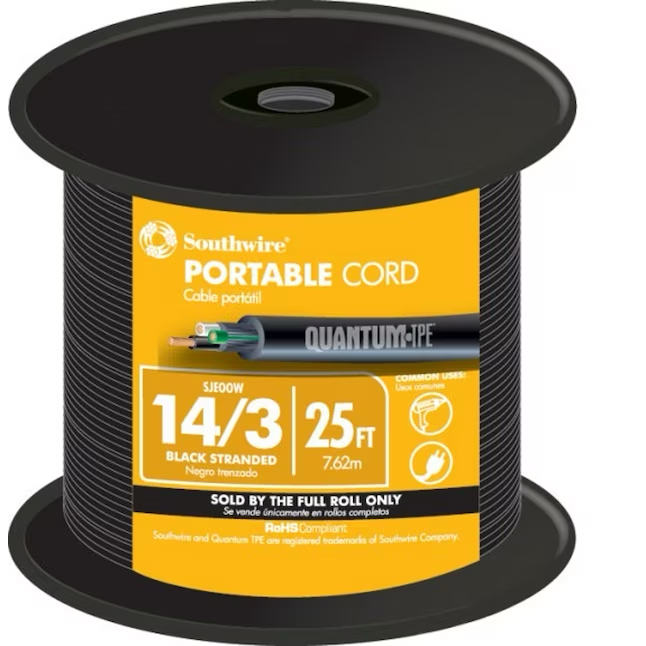 Southwire 25-ft 14-awg- 3 Black Sjeoow Power Cord By-the-roll – Saber ...